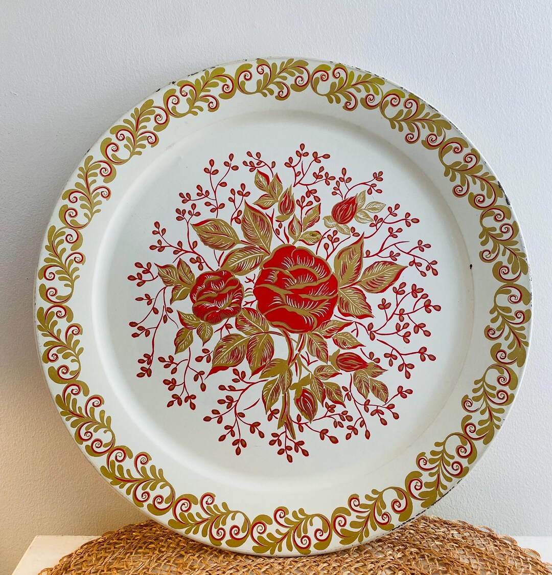 Vintage Red Roses Tray, Red and Gold, Large, Round, Metal, Distressed ...