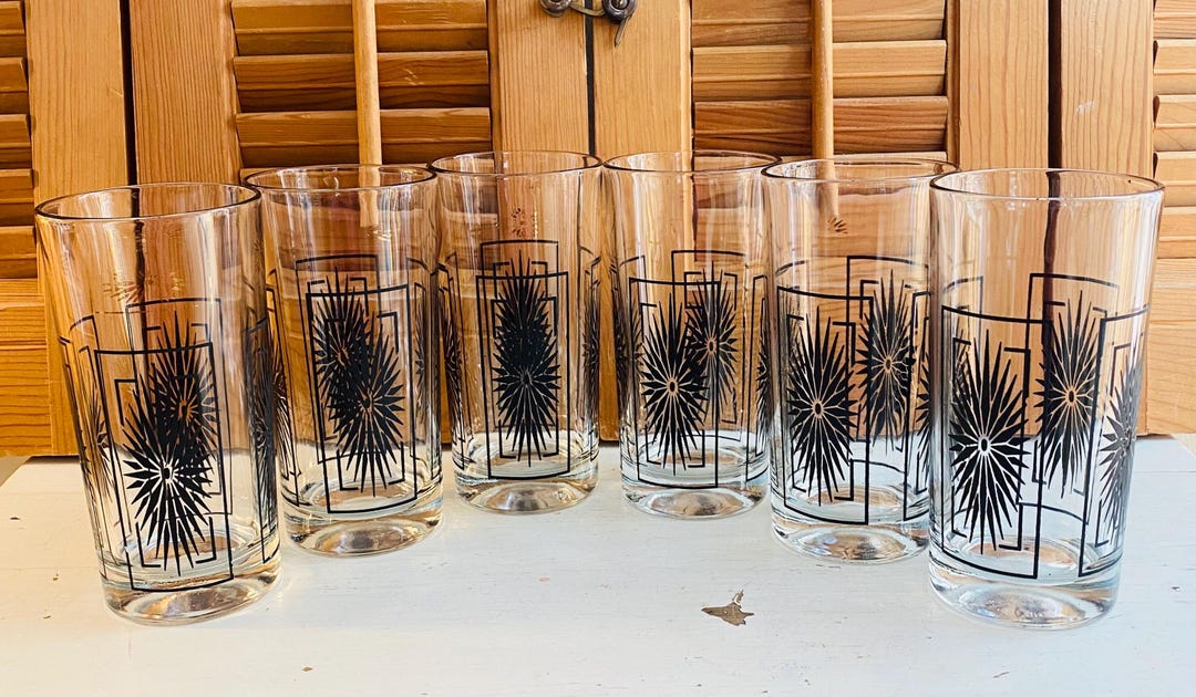 Vintage Mid Century Modern Starburst Glasses, Cocktail, Black and Gold ...