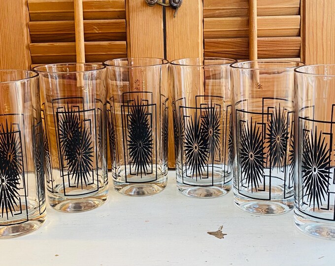 Vintage Mid Century Modern Starburst Glasses, Cocktail, Black and Gold ...