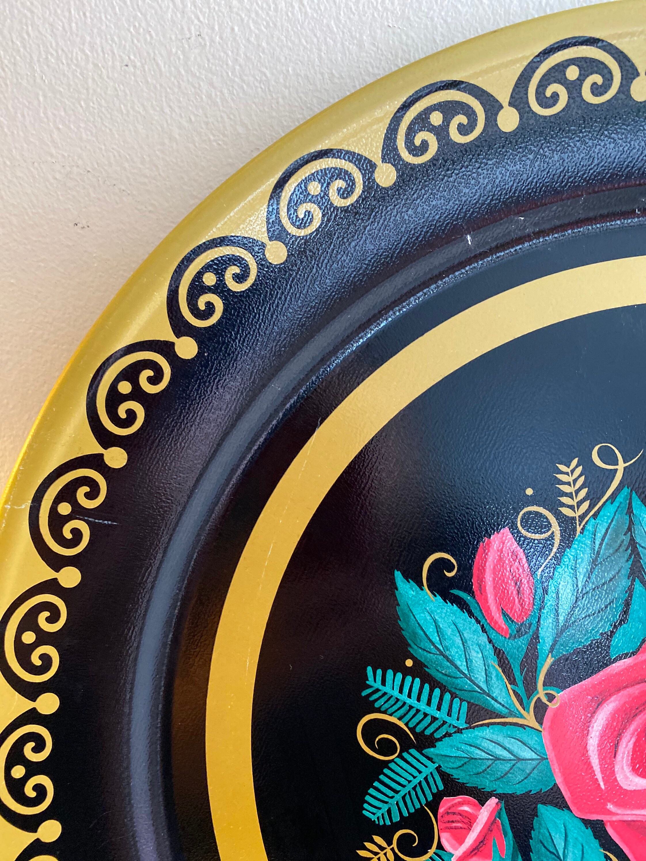 Vintage Roses Tray Round Metal Serving Tray Red Roses with | Etsy