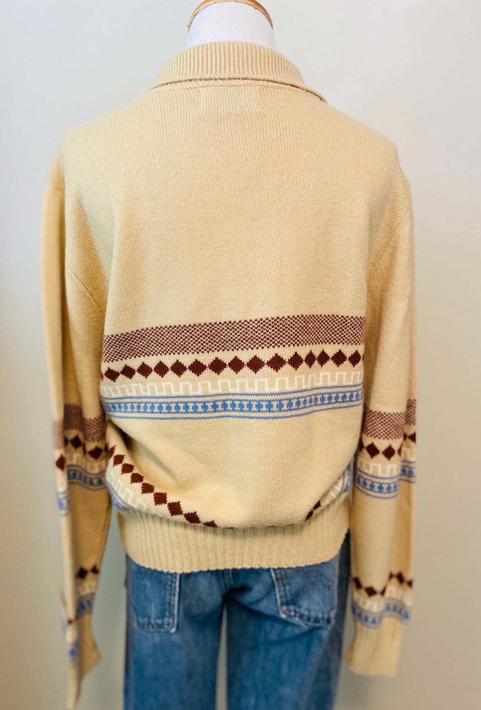 Vintage 1970s Sweater Pullover Cream with Blue/Rust Design | Etsy