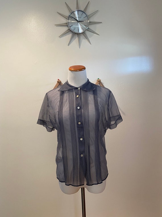 Vintage Blouse, Sheer Navy and White Button Down, Ny… - Gem