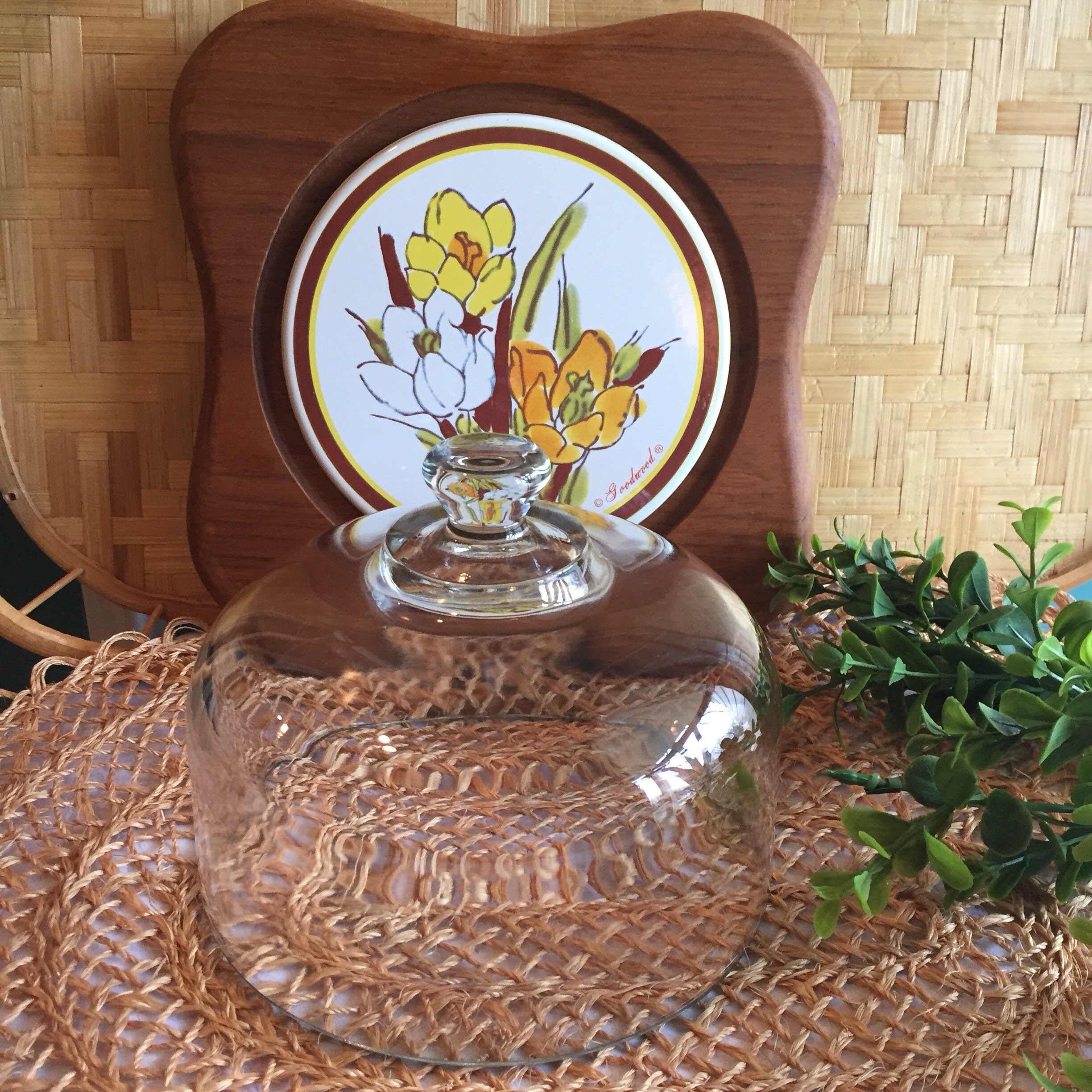 Vintage Cheese Tray, Flowered Ceramic Tile With Glass Dome Lid, Genuine ...