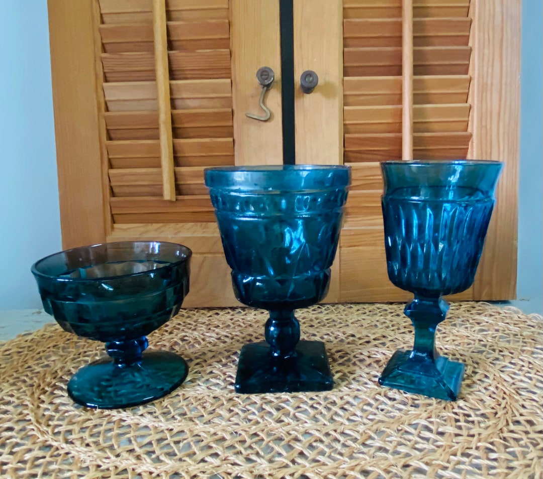 Vintage Blue Stemware, Mismatched Trio of Blue Glass Goblets - Etsy