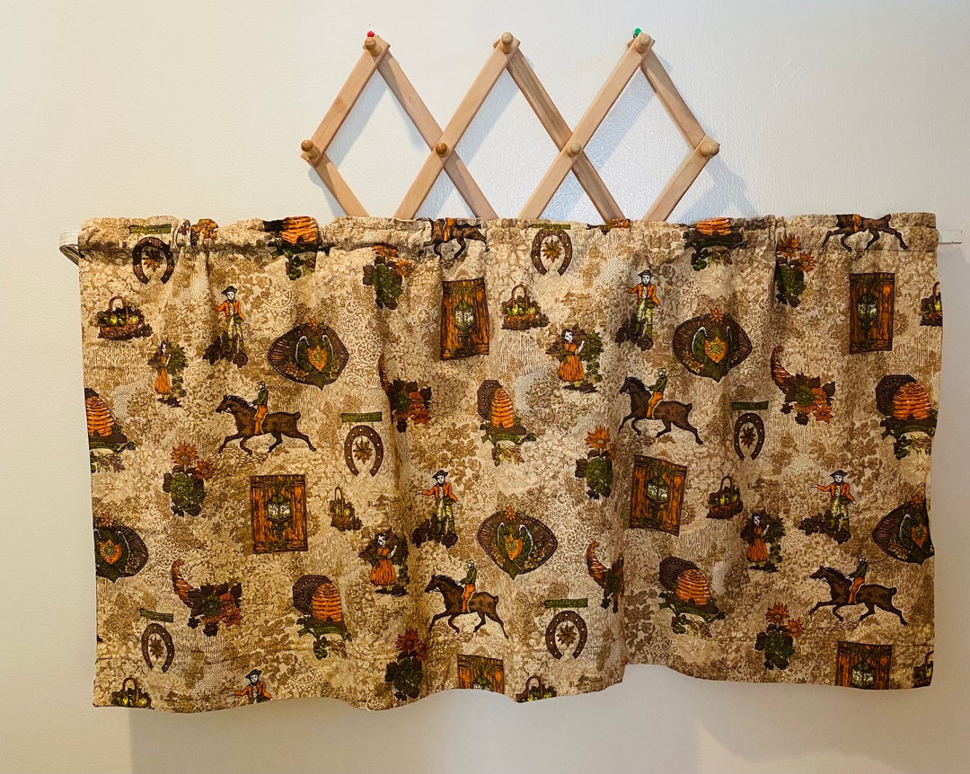 Vintage Americana Curtain Panel, 1950’s Folk Art Colonial Scene, Orange ...
