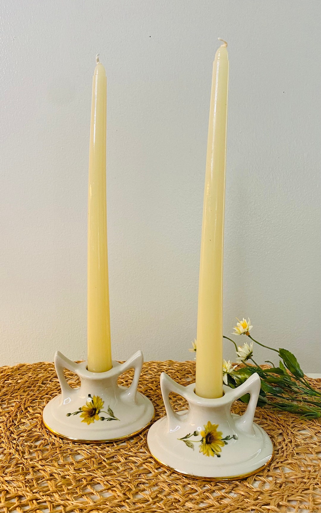 Vintage Sunflower Candlestick Holders, Dixon Art Studios, Ceramic, 22 K ...