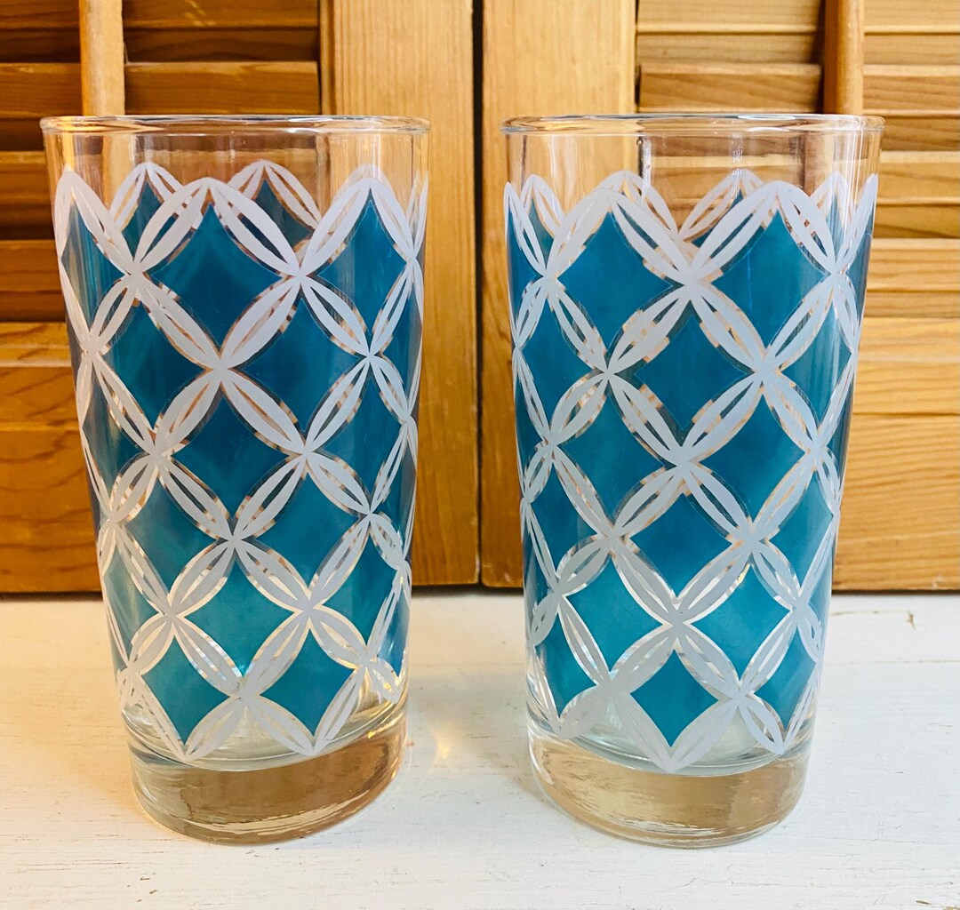 Vintage Highball Glasses, Blue and White Geometric Design, Set of Two ...
