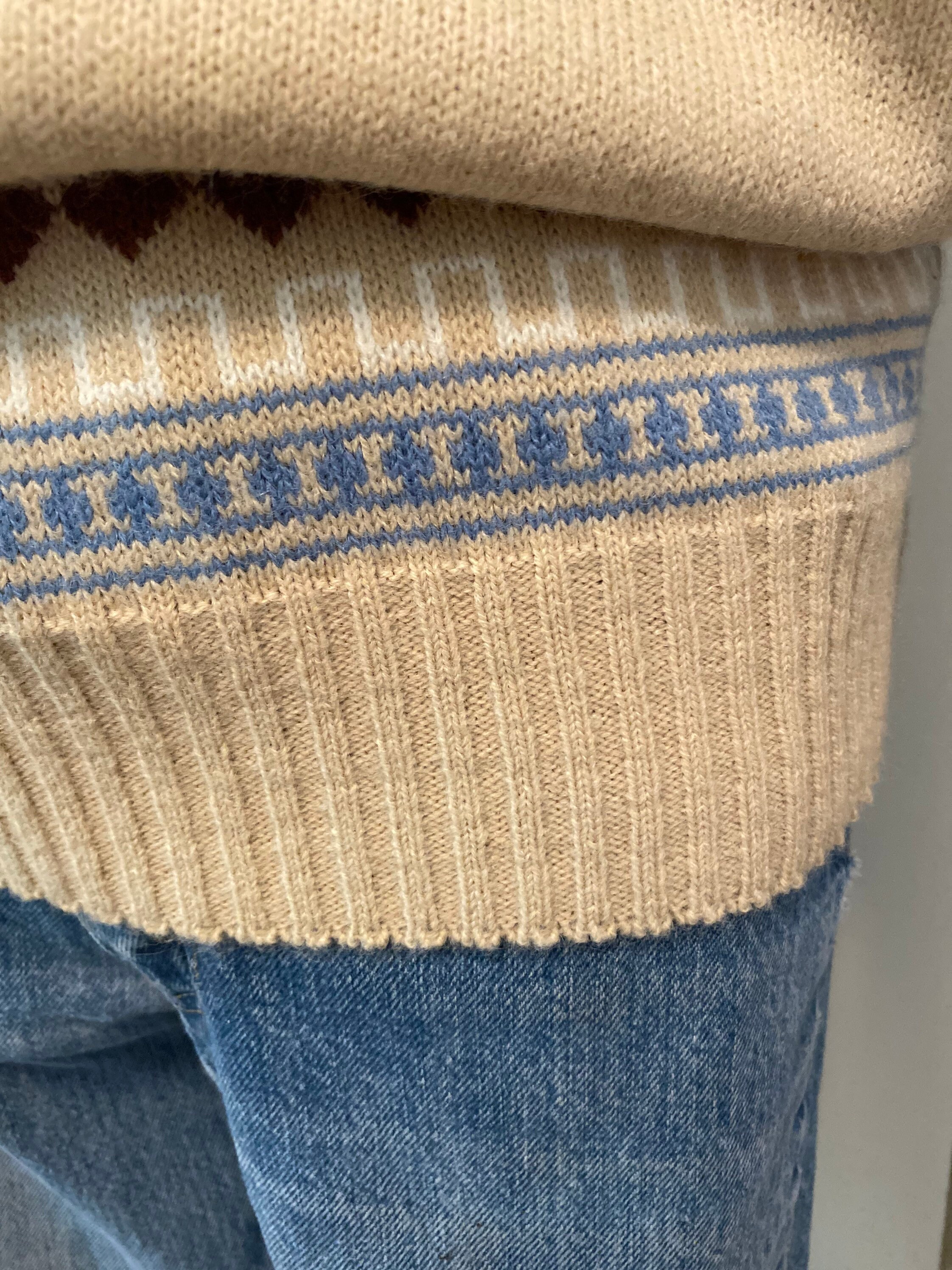 Vintage 1970s Sweater Pullover Cream with Blue/Rust Design | Etsy
