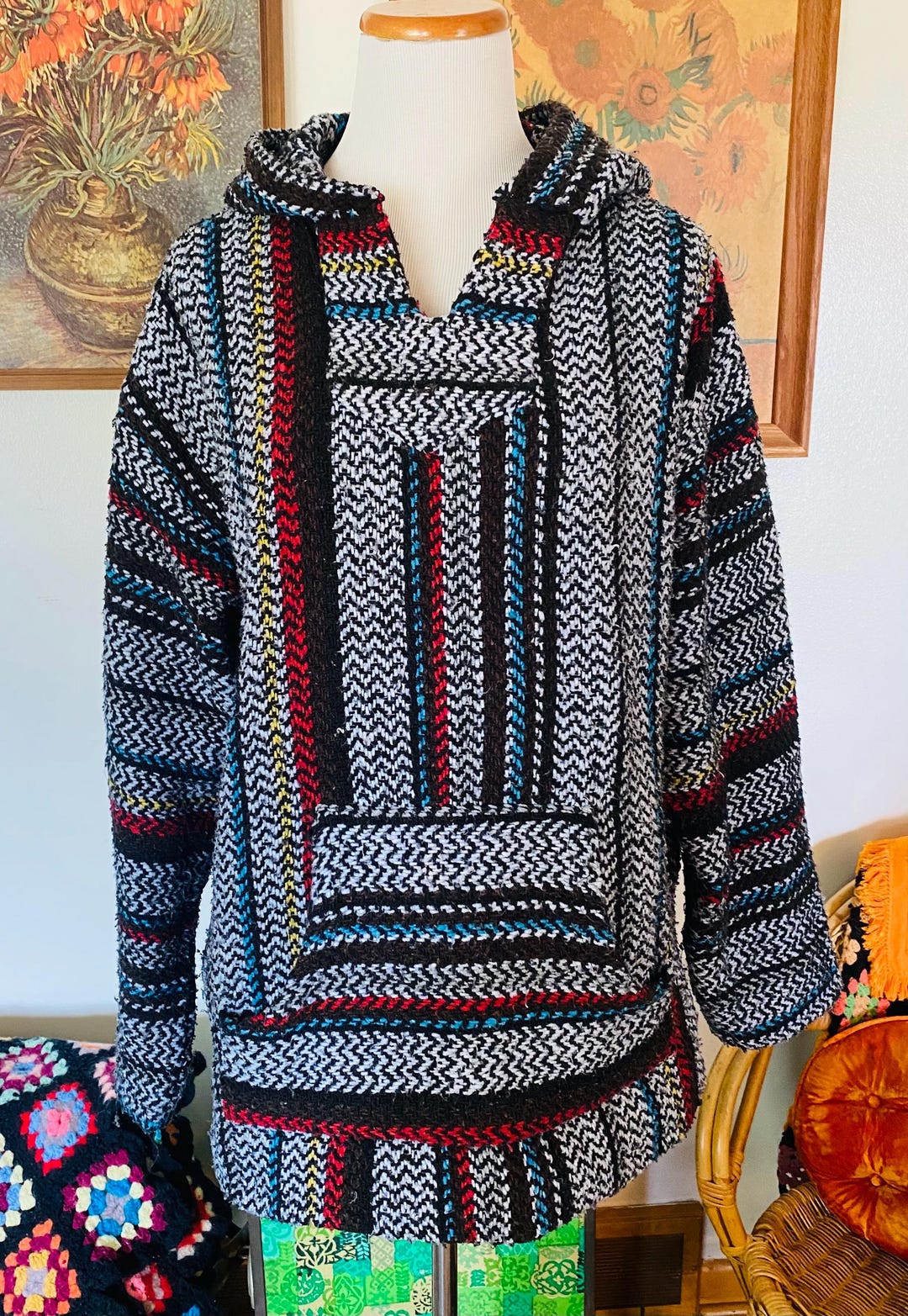 Vintage Baja Blanket Jacket, Boho Hippie Top, Made in Mexico by Baja ...