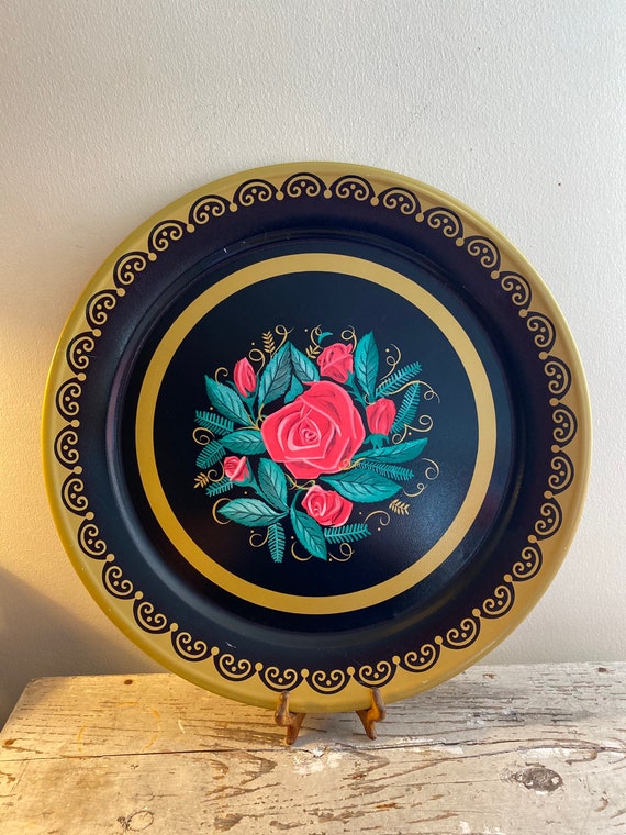 Vintage Roses Tray Round Metal Serving Tray Red Roses With | Etsy
