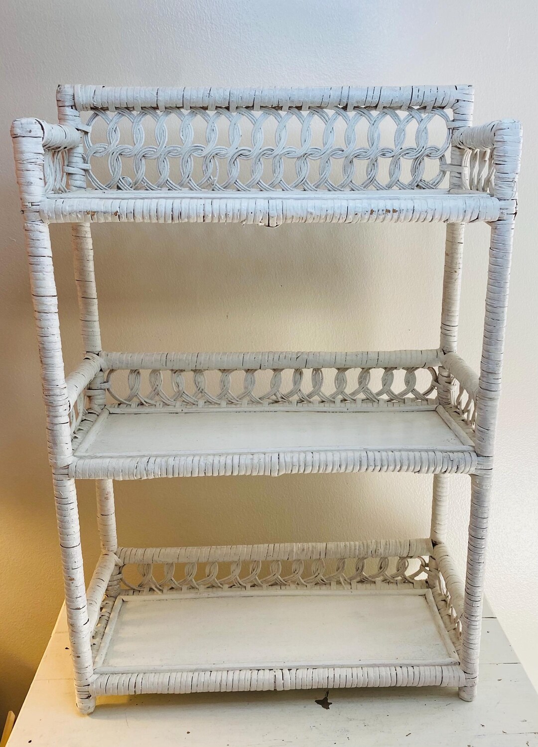 Vintage Wicker Shelf, Three-tiered, Decorative, White, Boho Wicker ...