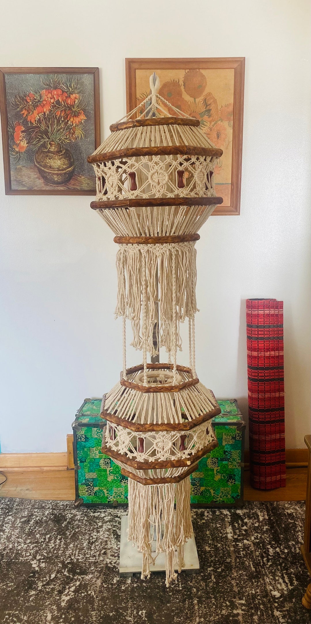 Vintage Macrame and Wood, Wind Chime Hanging Decor With Wooden Beads ...