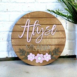 Flower Nursery Name Sign, Round Name Sign, Above Crib Name Sign, Girl ...