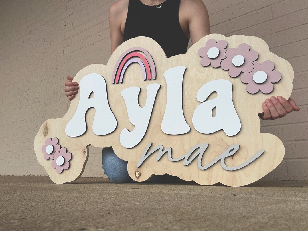 Flower Name Sign, Large Wood Name Sign, Nursery Name Sign, Rainbow ...