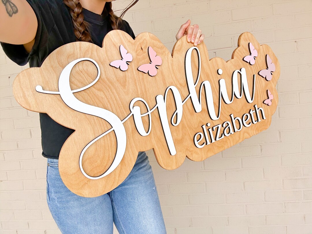 Butterfly Name Sign, Large Wood Name Sign, Nursery Name Sign, Rainbow ...
