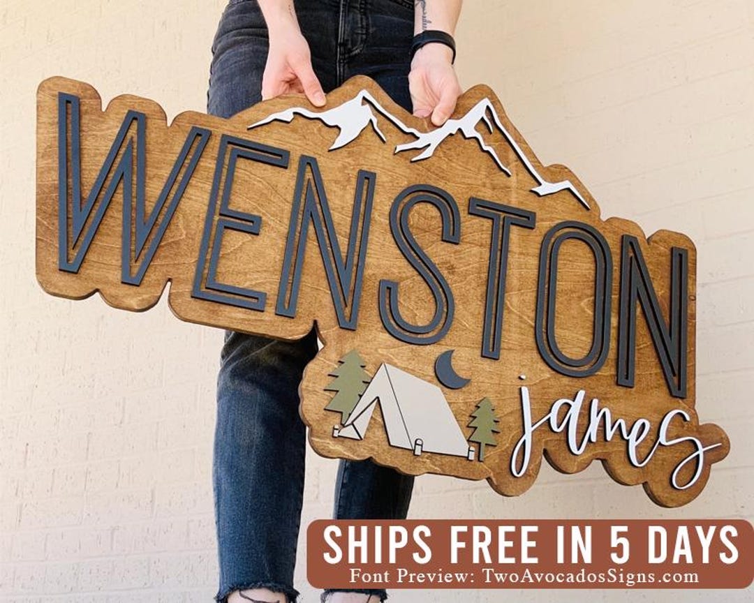 Mountains Name Sign, Camping Tent Sign, Large Wood Name Sign, Nursery ...