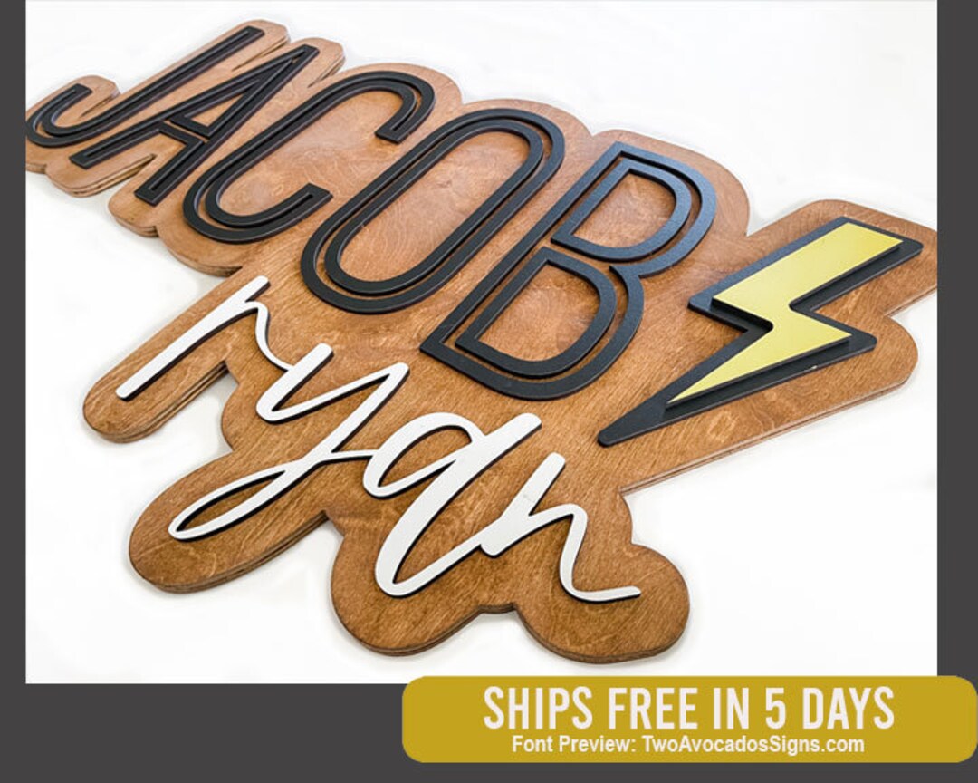 Lightening Bolt Name Sign, Large Wood Name Sign, Nursery Name Sign, Boy ...