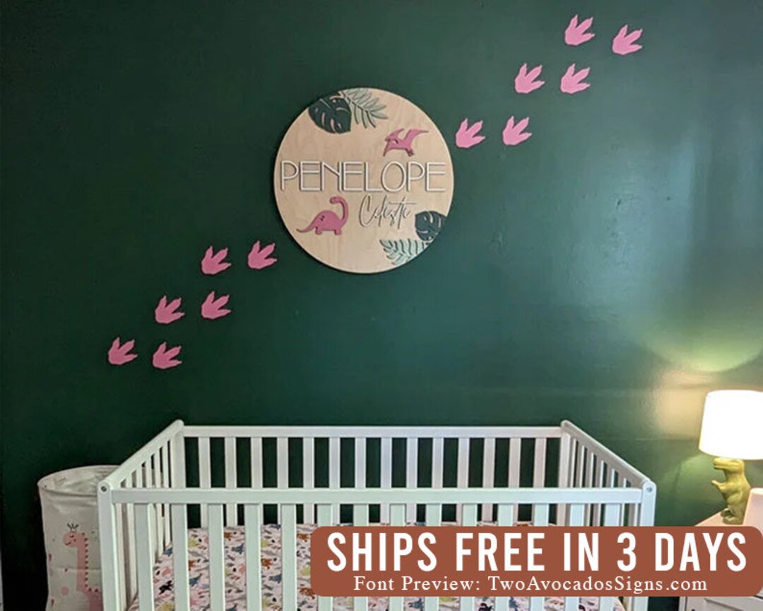 Wood Nursery Name Sign, Round Name Sign, Girl Dinosaur Name Sign, Baby ...