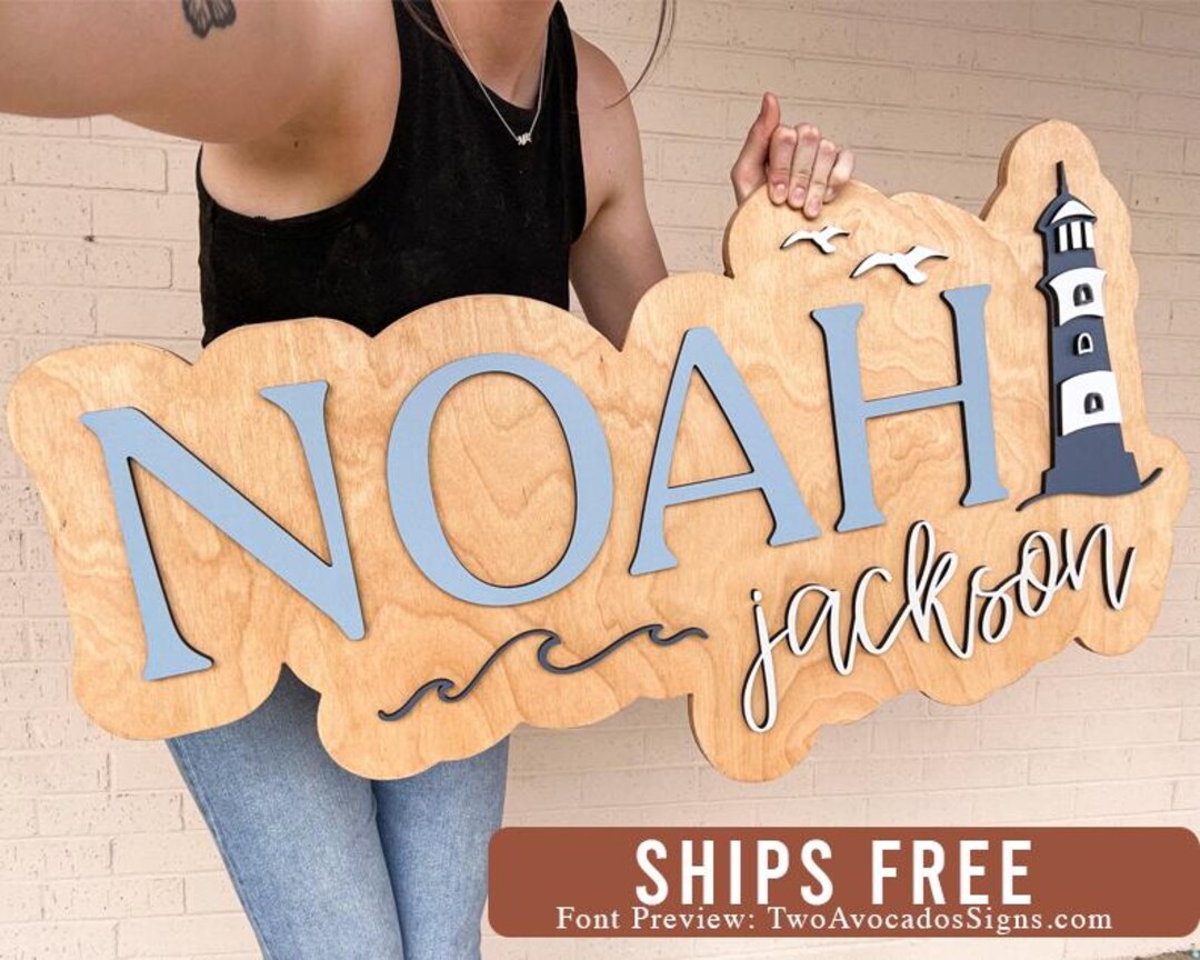 Nautical Name Sign, Large Wood Name Sign, Nursery Name Sign, Lighthouse ...
