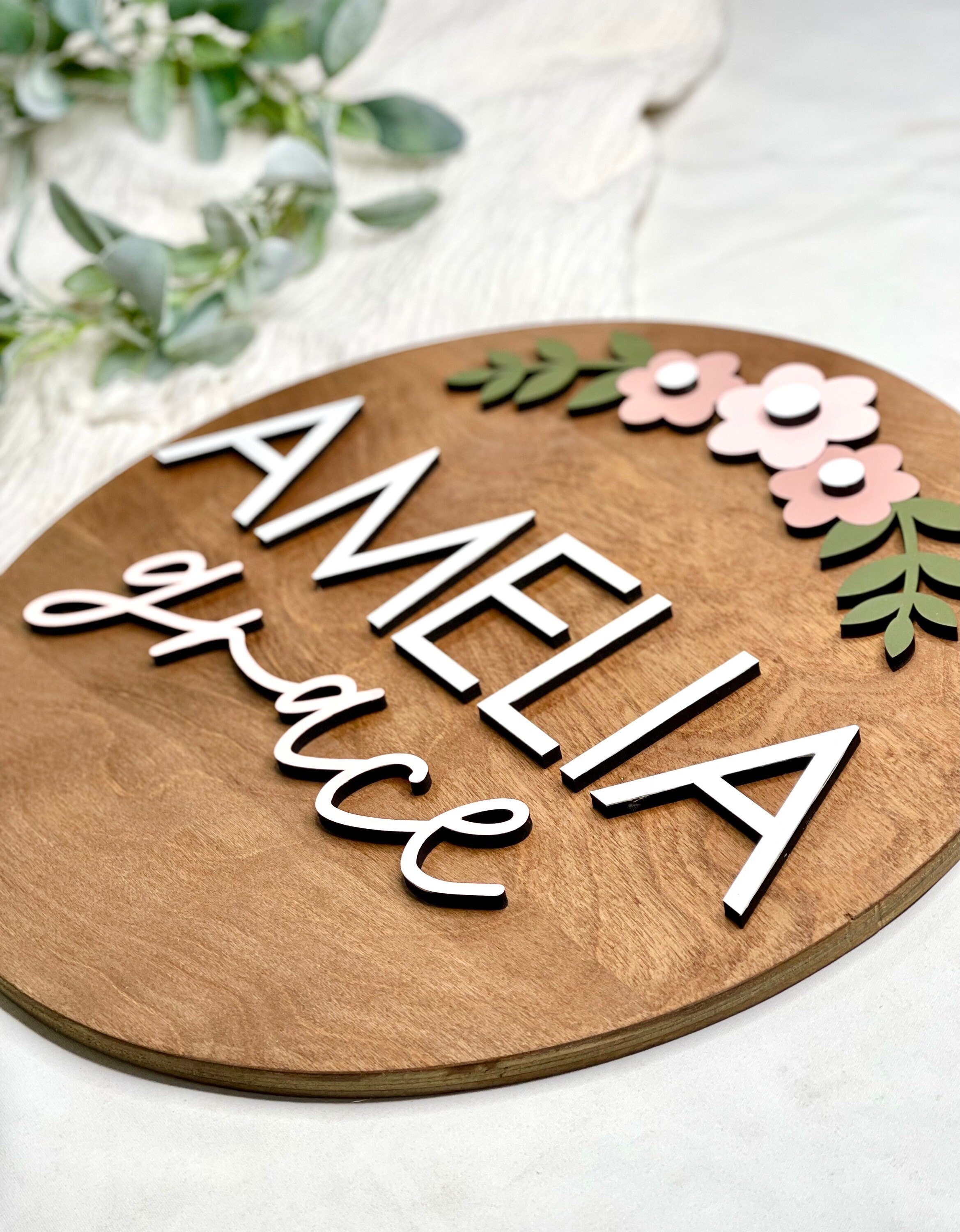 Flower Nursery Name Sign Round Name Sign Above Crib Name | Etsy