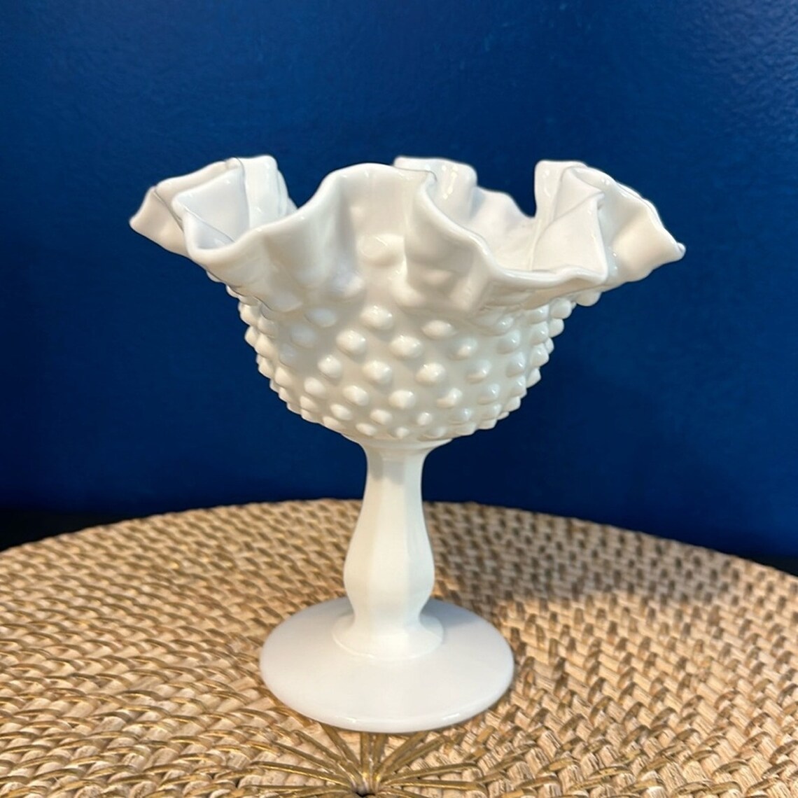 Vintage White Fenton Milk Glass Fenton Hobnail Ruffled Edge Candy Bowl ...