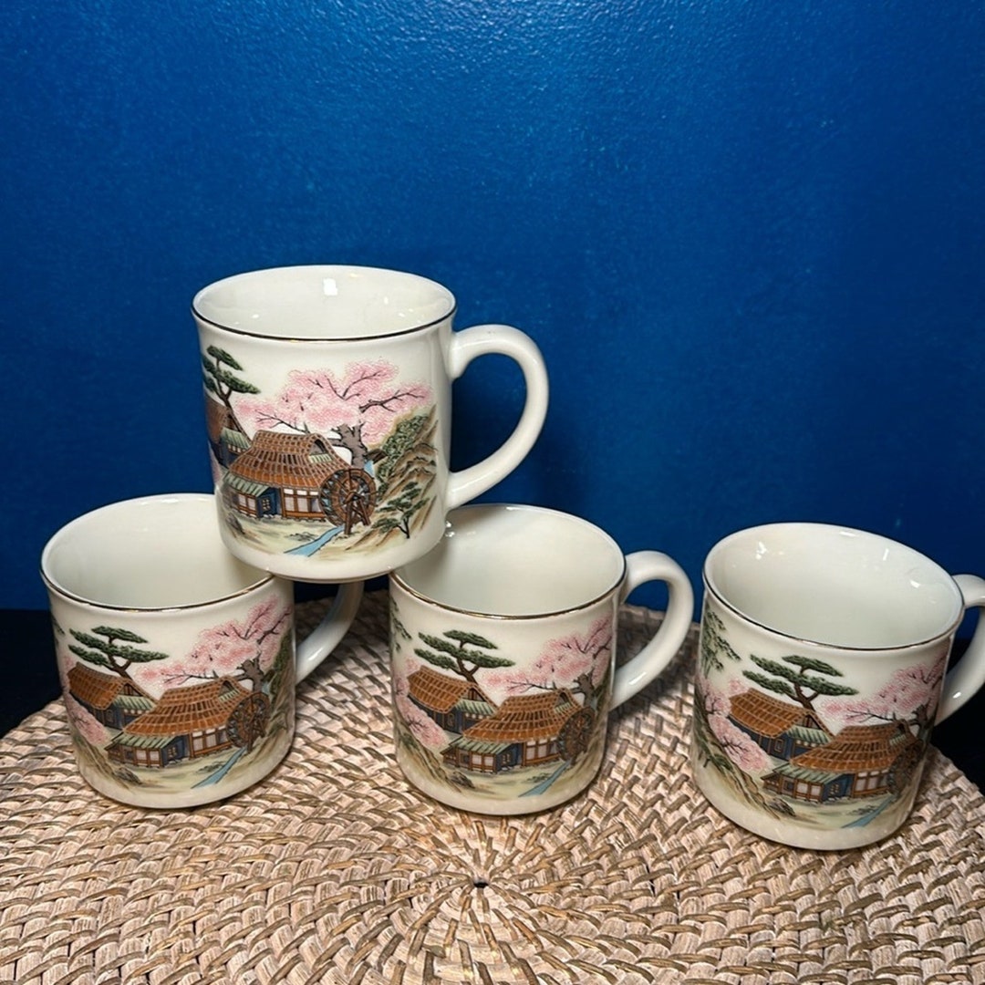 Vintage Japan Coffee Mugs Set of 4: Cherry Blossom Watermill Scene ...