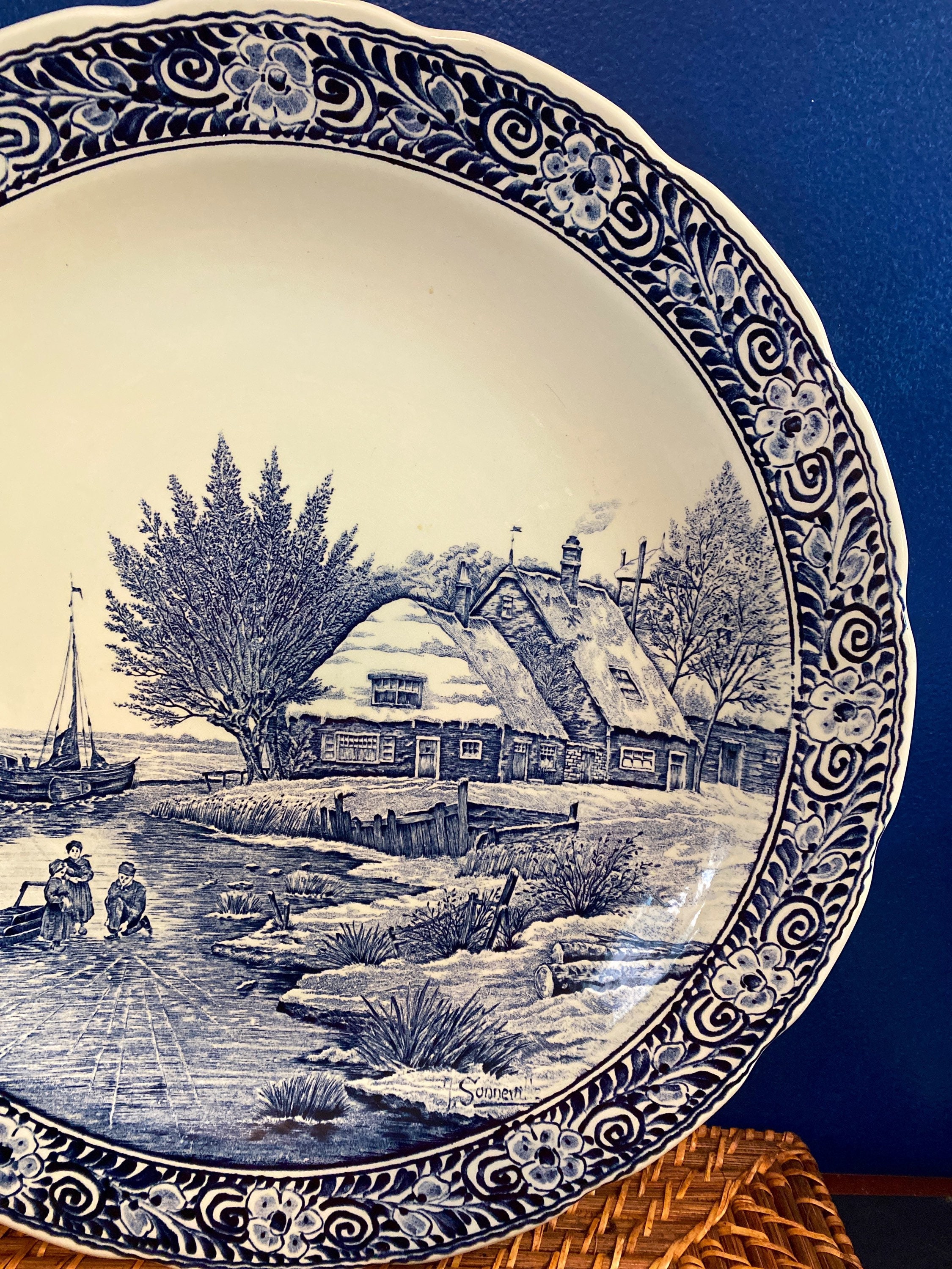 Vintage Delfts Boch Wall Plate: 16” Cobalt Blue Hand-painted Scalloped ...