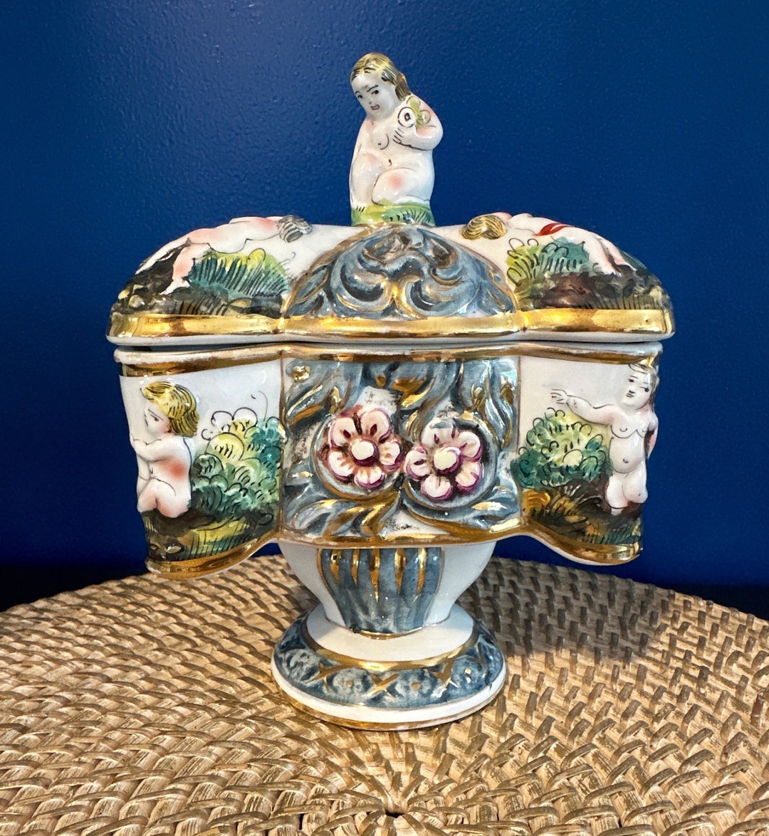 Vintage Limited Edition Numbered Capodimonte Italian Gilded Cherub 3D Centerpiece/bowl With Lid ...