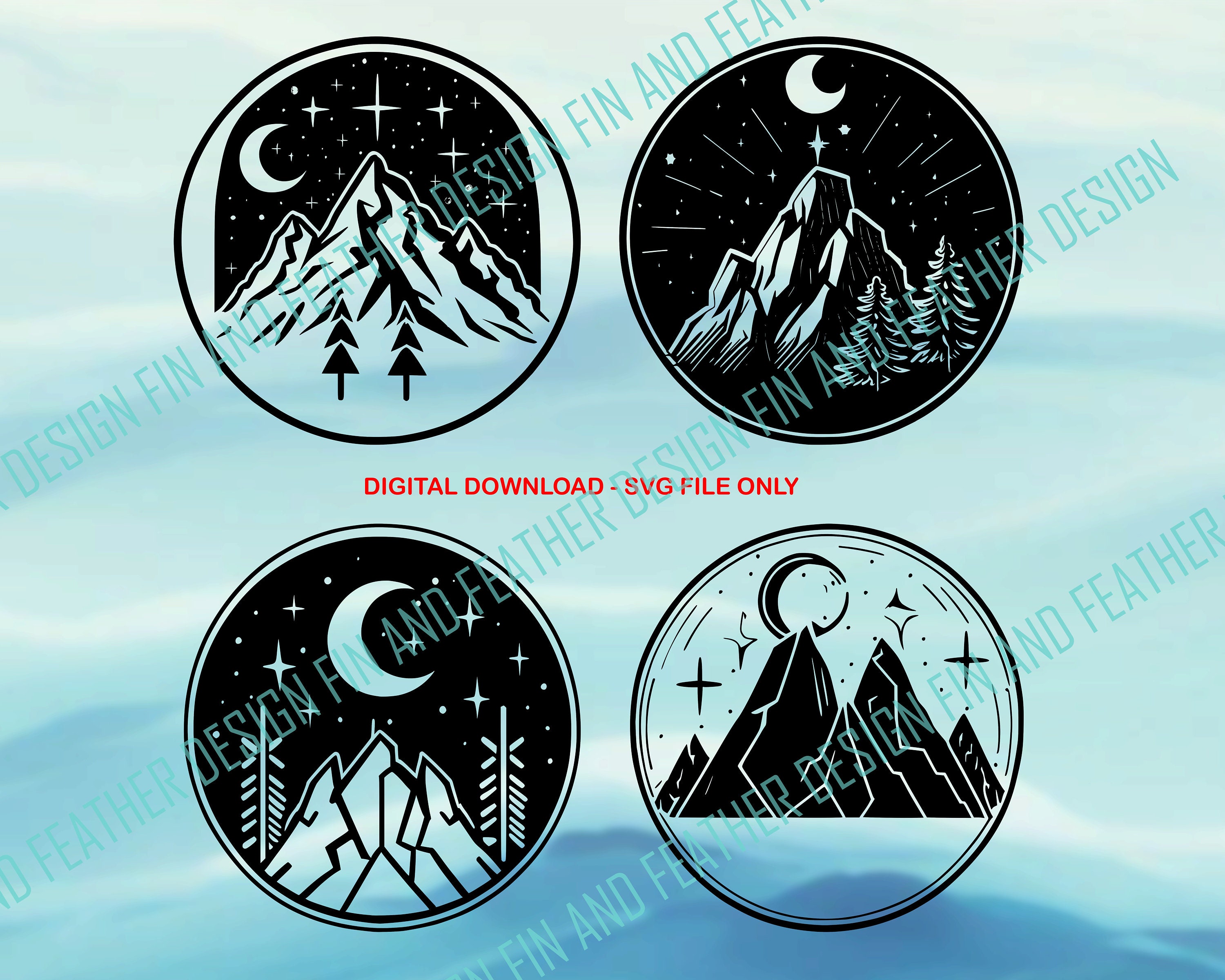 Monoline Mountain Moon and Stars Svg, Night Time, Astro Svg, Celestrial ...