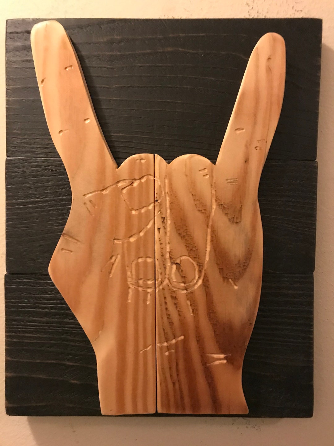 Wood Devil Horns Wall Hanging, Wood Horns Up, Wood Music Decor, Heavy ...