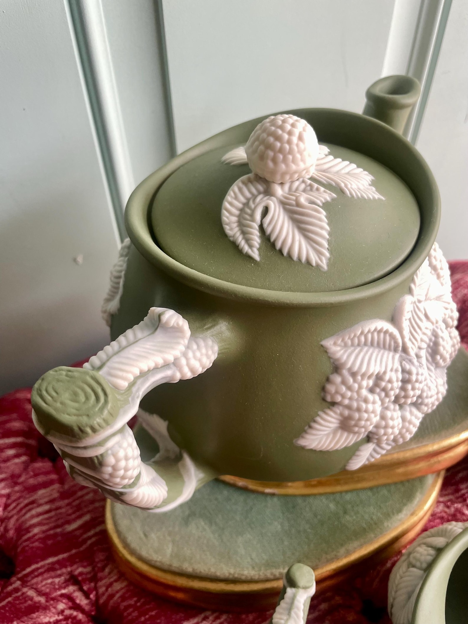 Vintage Ceramic Tea Set: Green Jasperware Style, Berry & Leaf Design - Etsy