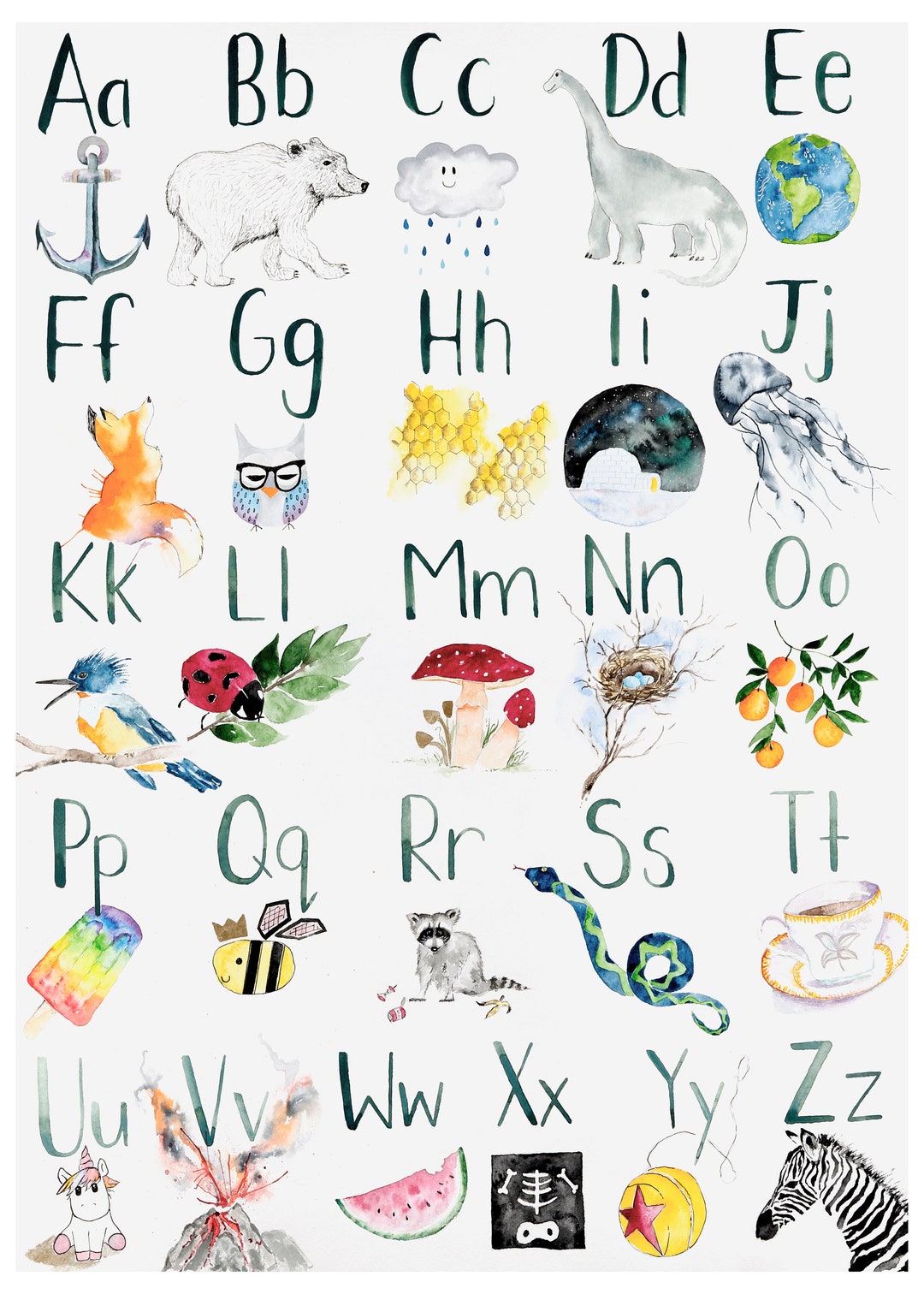 Illustrated Alphabet Poster, Alphabet Print, ABC Poster, Digital Print ...