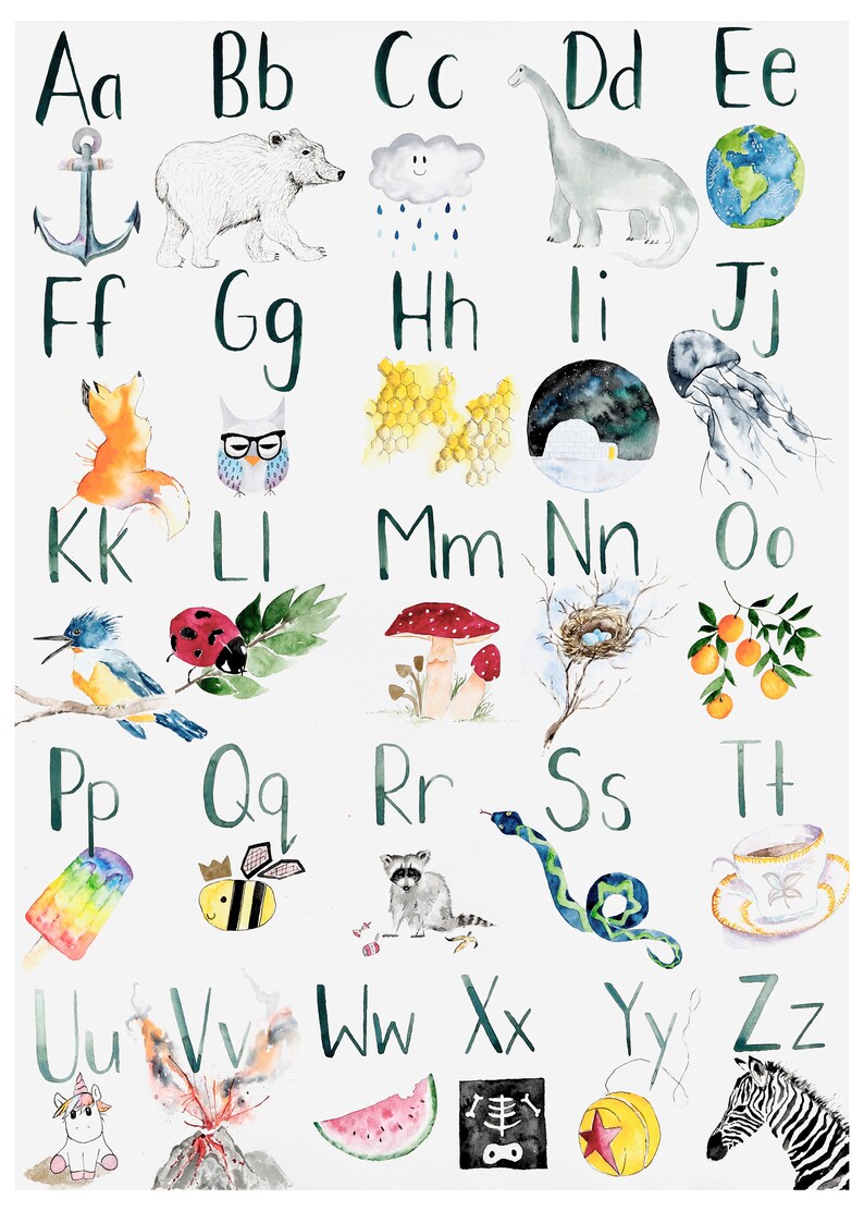 Illustrated Alphabet Poster, Alphabet Print, ABC Poster, Digital Print ...