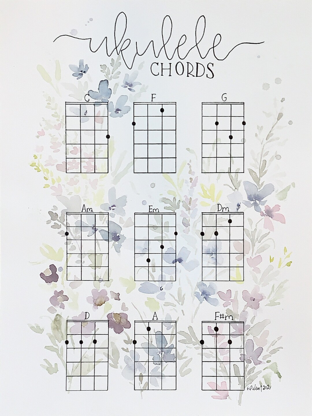 Tabla de acordes de ukelele de acuarela - Etsy España