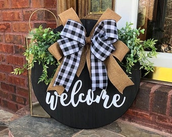 Round Wood Door Hanger Door Wreath Front Door Decor Welcome Wood Wreath ...