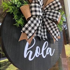 Round Wooden Door Wreath, Wall Decor, Hola, Vinyl, Buffalo Plaid ...