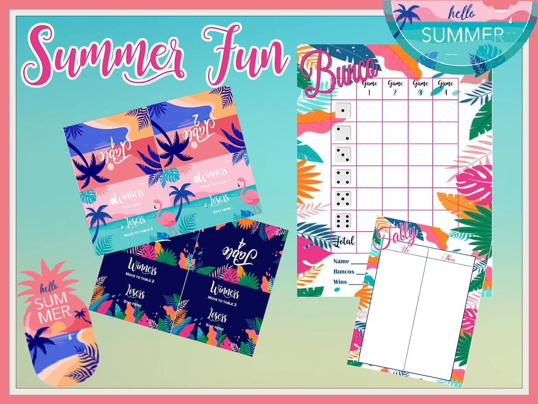 Summer Fun Palm Tree Bunco Score Cards, Table Tents, Tally Sheet ...
