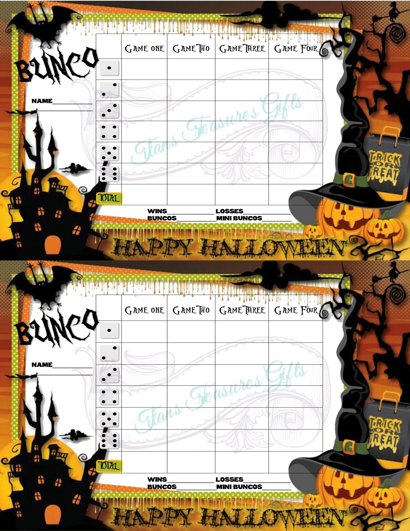 Halloween Bunco Score Cards, Table Tents and Tally Sheets - PNG Digital ...