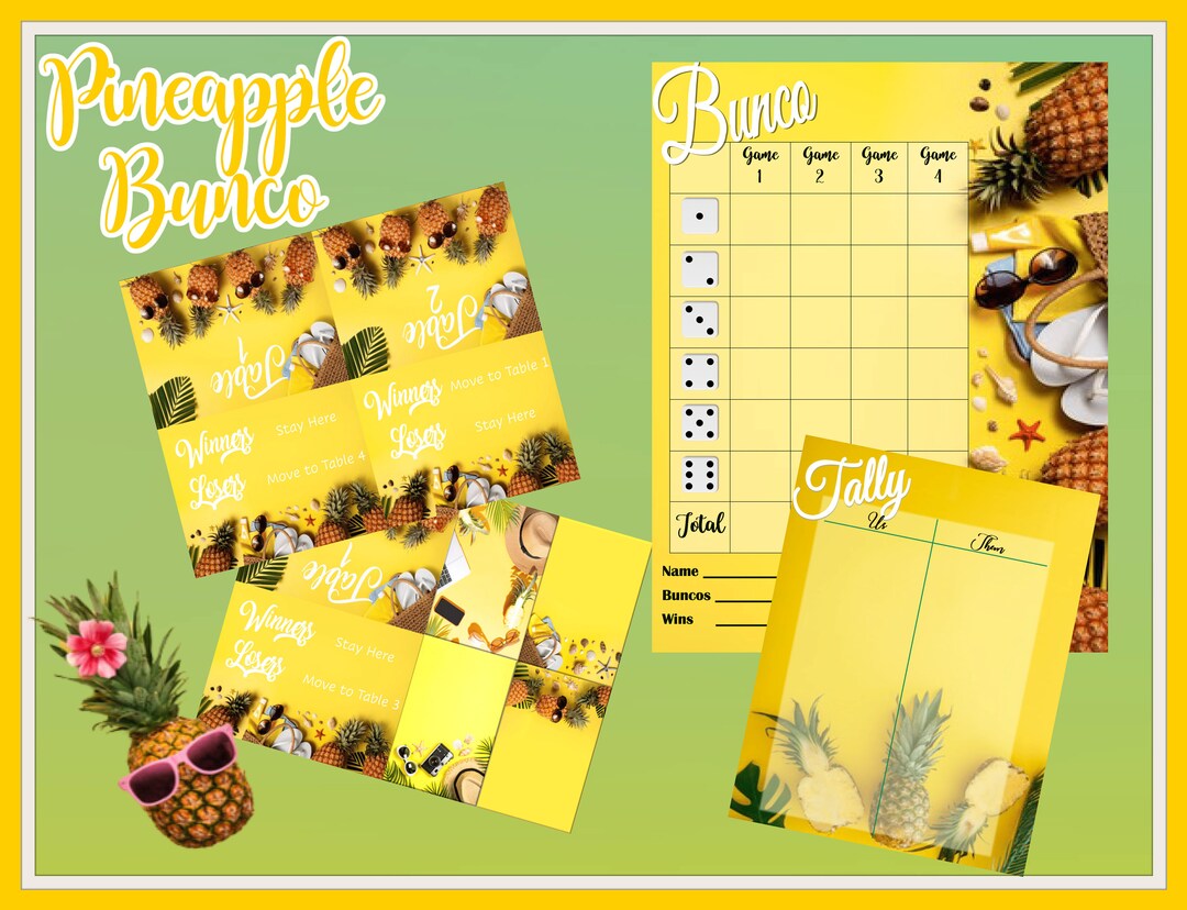 Luau Hawaiian Pineapple Bunco Score Cards, Table Tents, Tally Sheet ...
