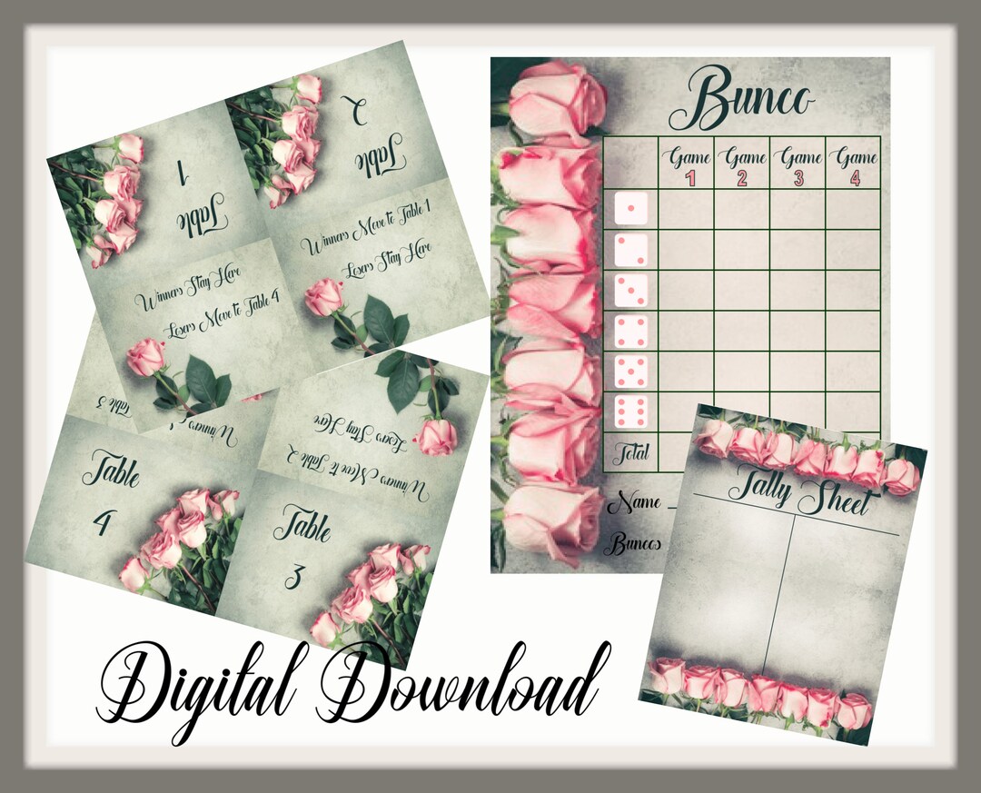 Pink Roses Bunco Score Cards and Table Tents - Digital Downloads - PDF ...