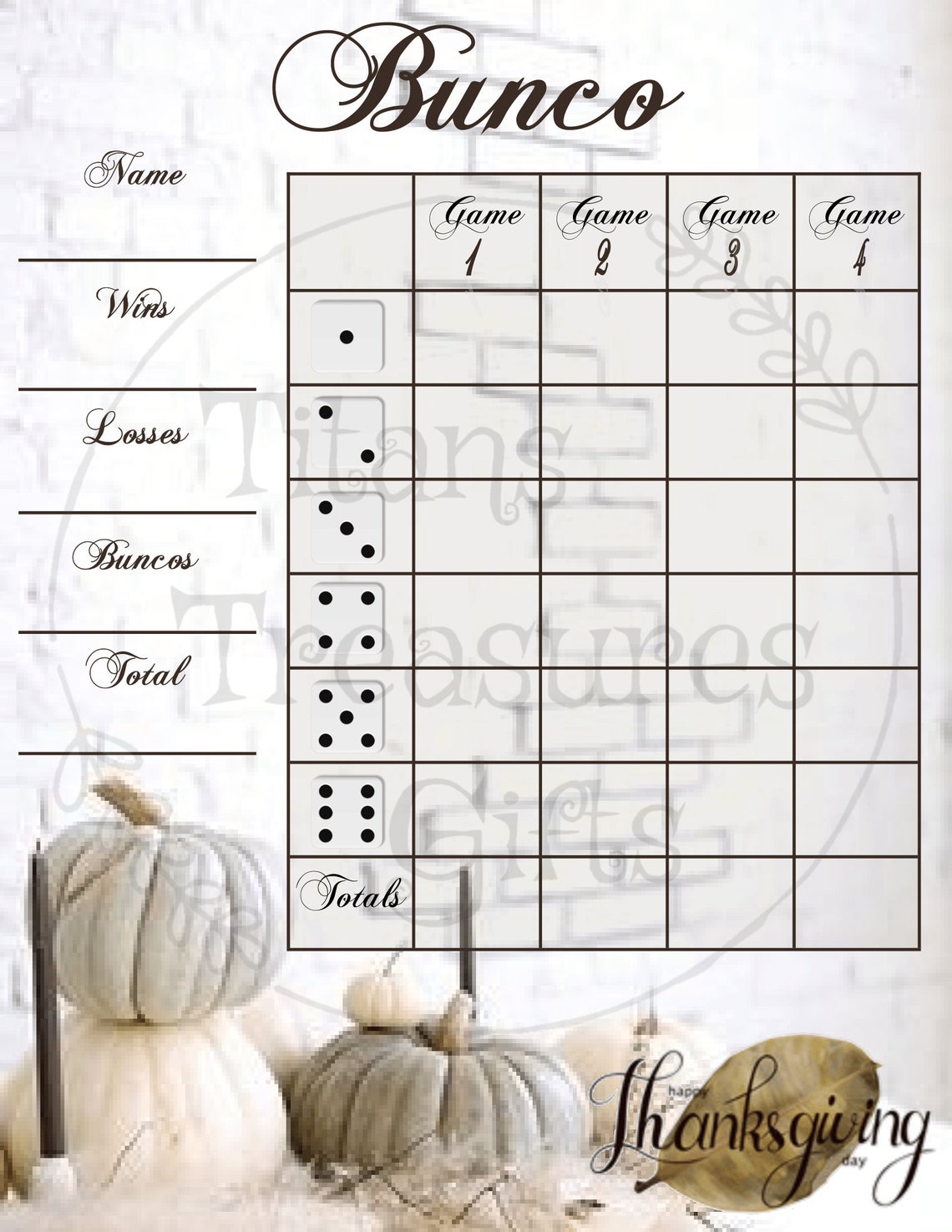 Thanksgiving Bunco Score Cards, Table Tents, Tally Sheet & Prize Tags ...