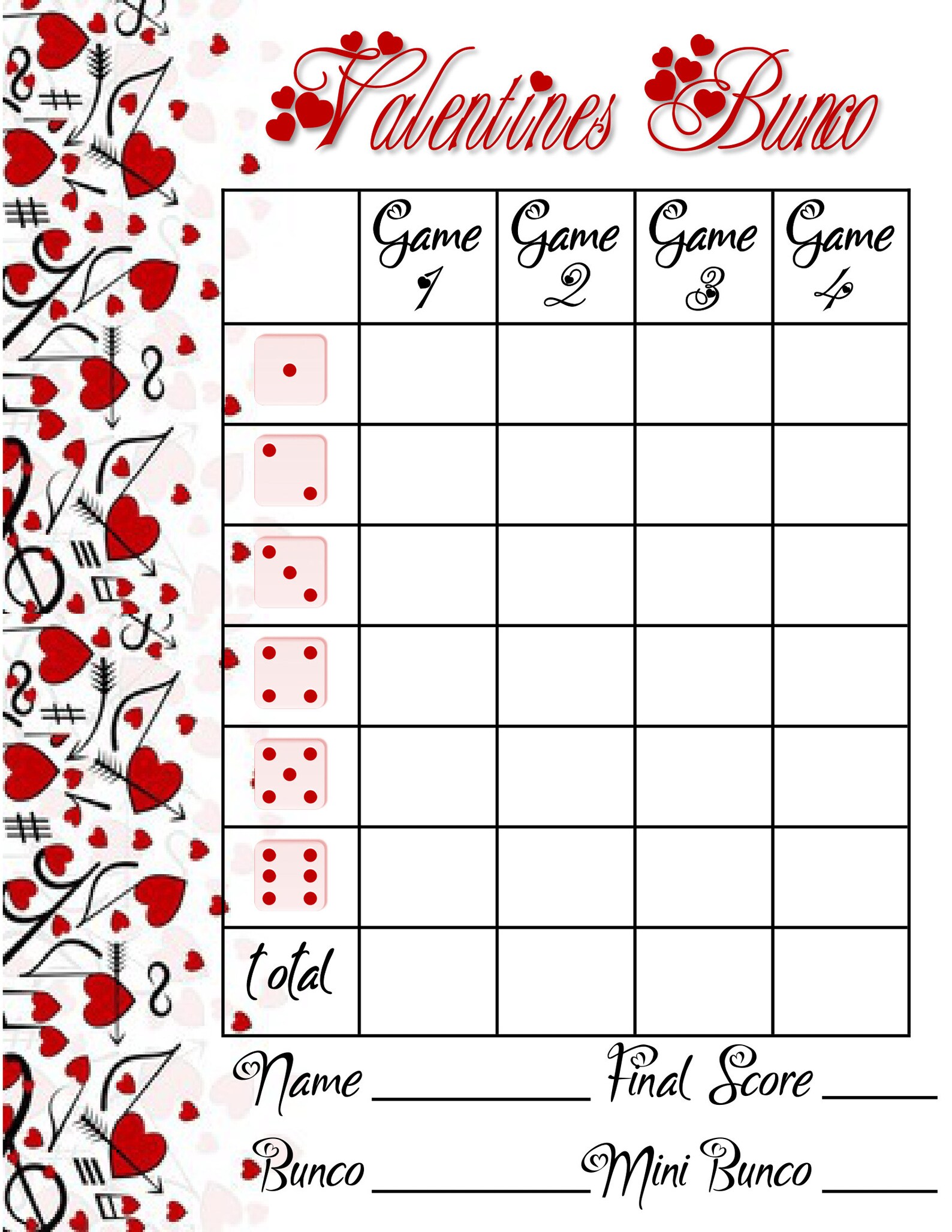 Valentines Day Hearts and Musical Notes Bunco Score Cards and Table ...