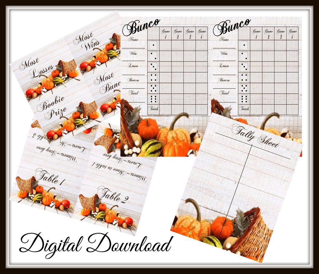 Thanksgiving Cornucopia Bunco Score Cards, Table Tents, Tally Sheet ...