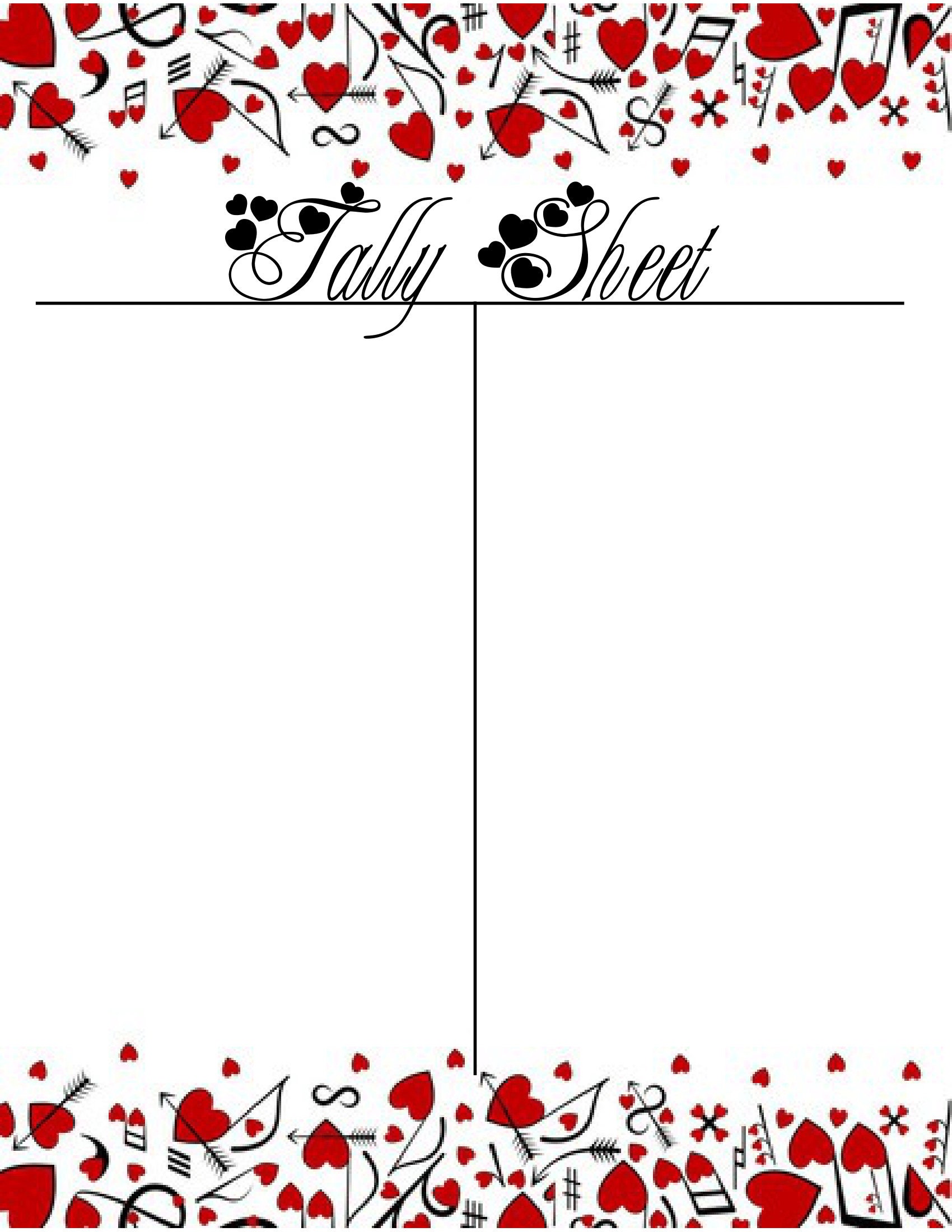 Valentines Day Hearts and Musical Notes Bunco Score Cards and Table ...