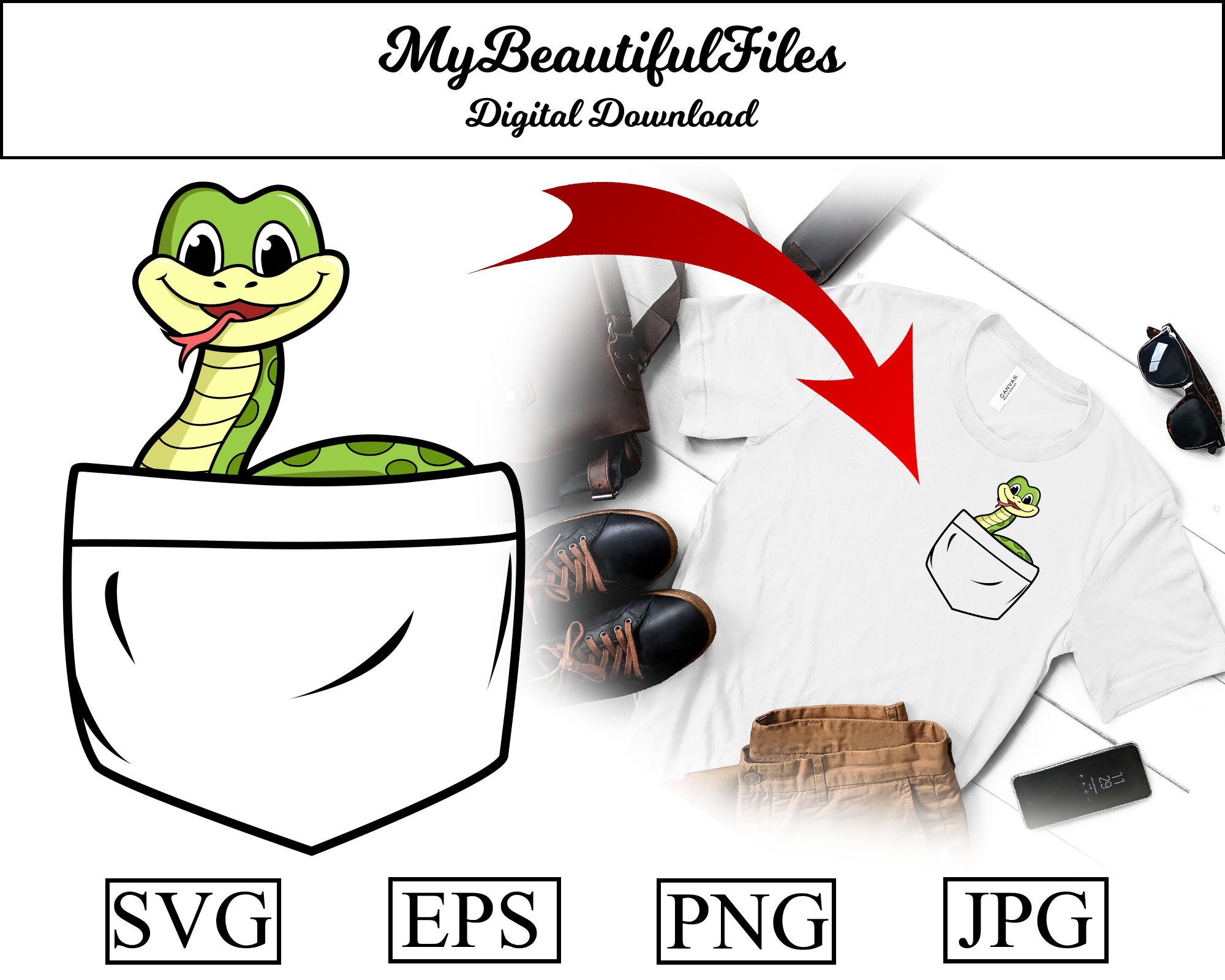 Pocket Snake SVG,PNG Digital Download Cute Snake File for Printable Art ...