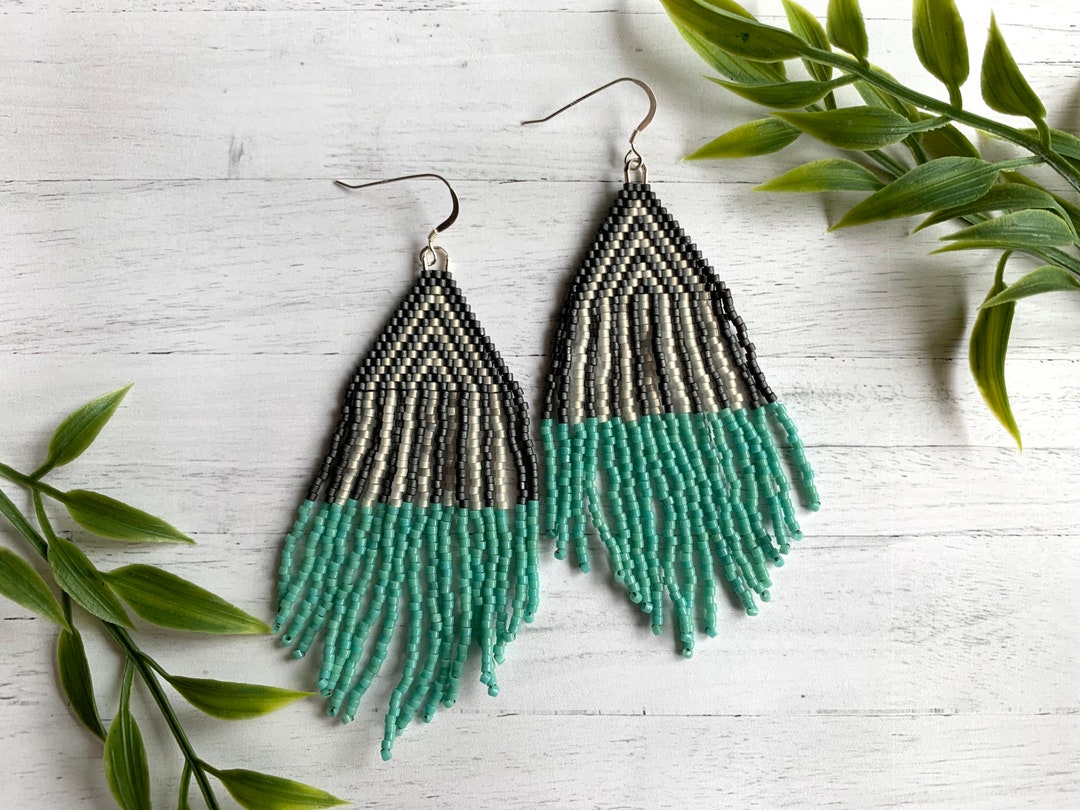 Aqua Seed Bead Earrings Aqua Dipped Fringe Earrings Gray - Etsy