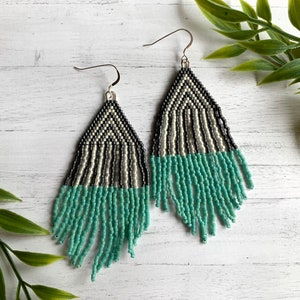 Aqua Seed Bead Earrings Aqua Dipped Fringe Earrings Gray - Etsy