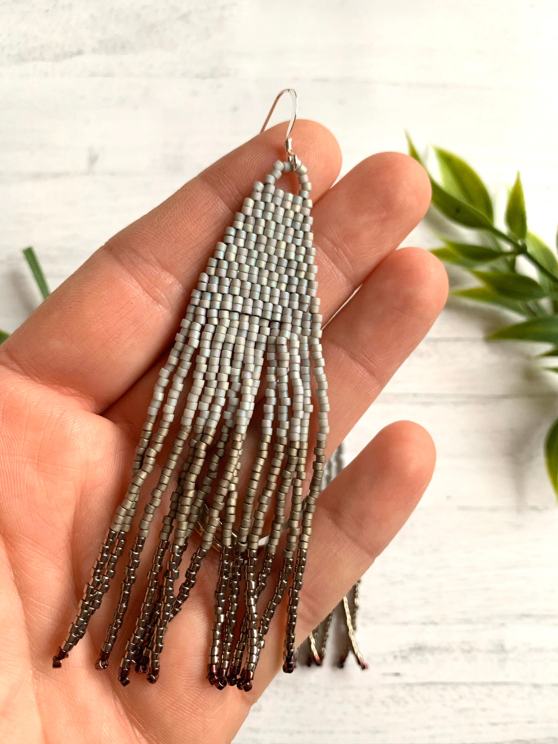 Gray Beaded Earrings Slate Statement Fringe Earrings Gunmetal - Etsy UK