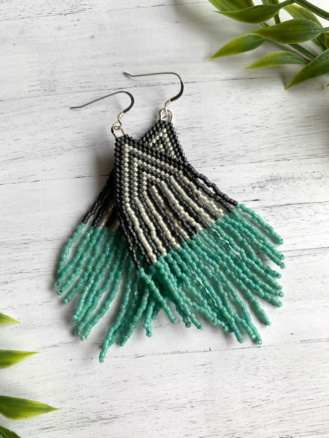 Aqua Seed Bead Earrings Aqua Dipped Fringe Earrings Gray - Etsy