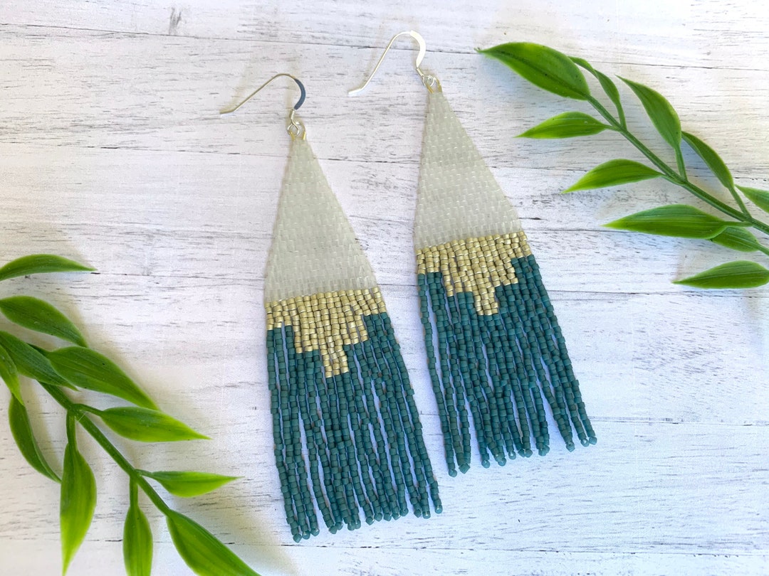 Blue Beaded Earrings Silver Statement Fringe Earrings Transparent Seed ...